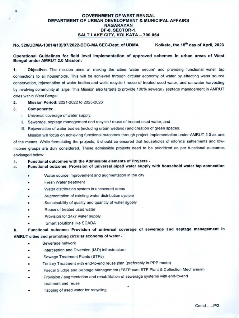 Amrut 2.0 Guideline West Bengal | PDF