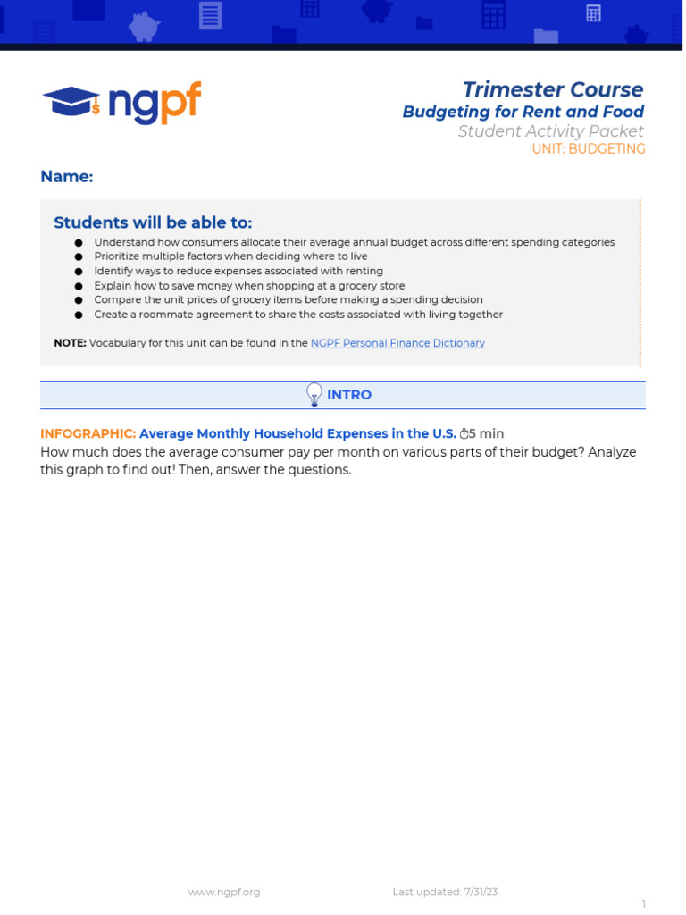 Budgeting For Rent and Food Student Activity Packet | PDF | Cost Of ...