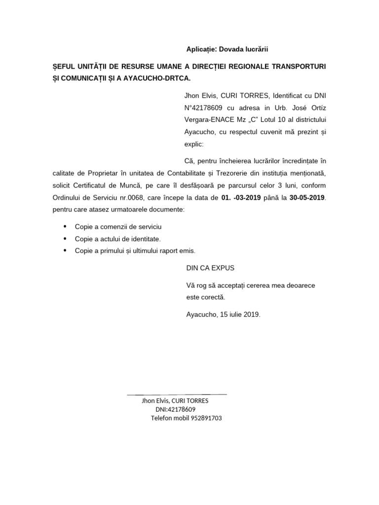Model de Solicitare Pentru Certificat de Muncă | PDF