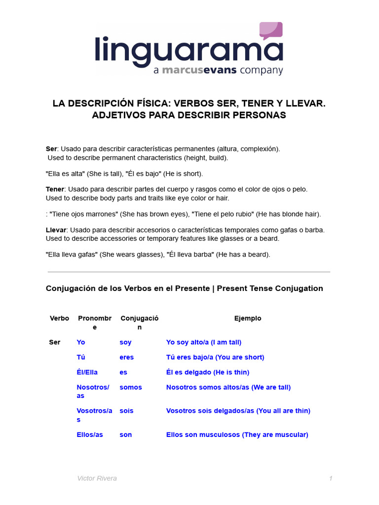 Verbos para Descripción Física | PDF | Sintaxis | Color de pelo