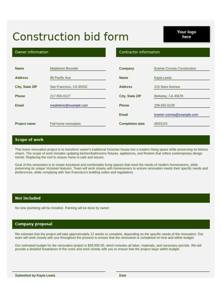 Construction Bid Form 2 | PDF | Renovation