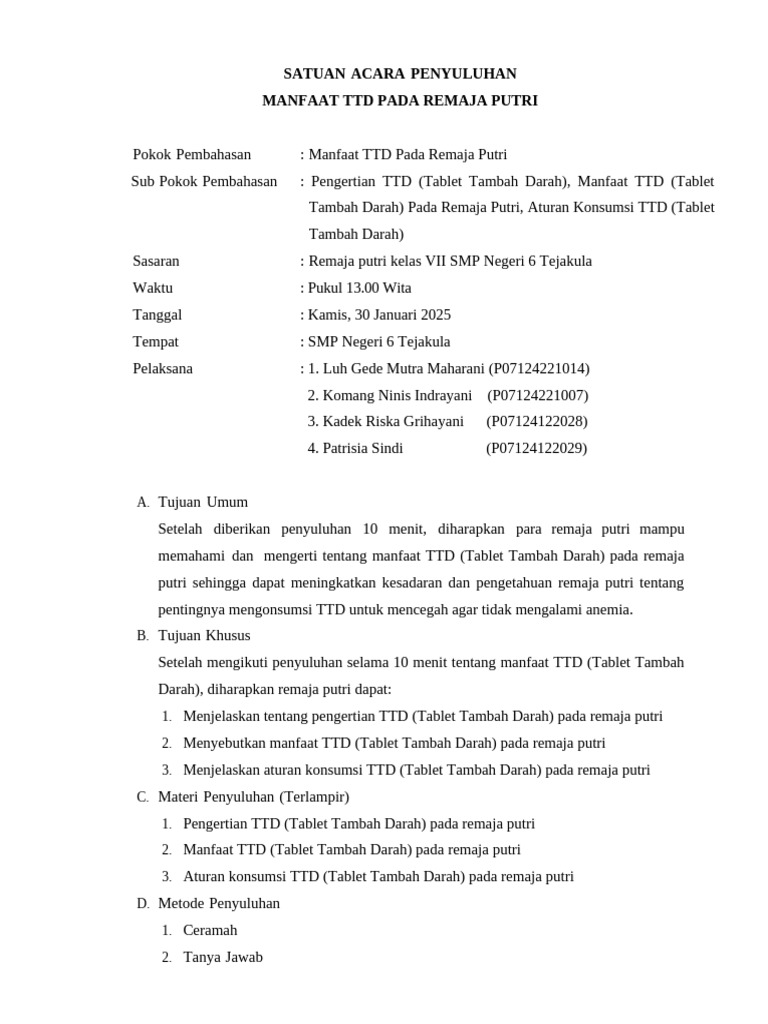 Manfaat TTD untuk Remaja Putri | PDF