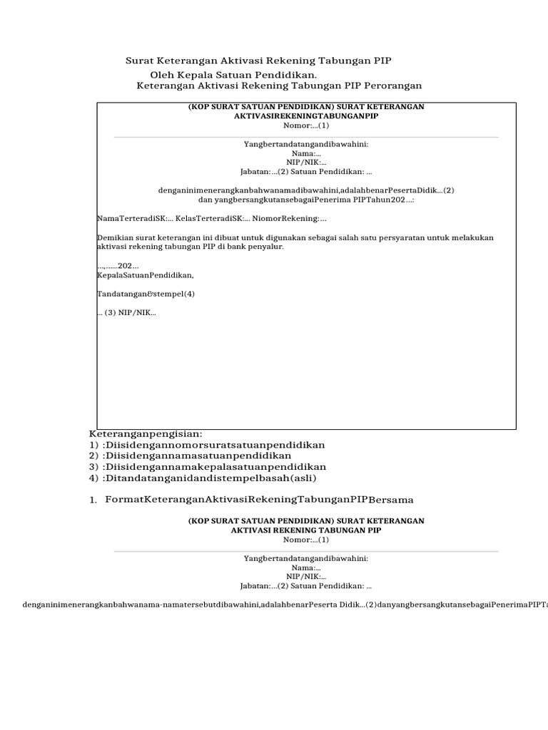 Surat Aktivasi Rekening PIP Siswa | PDF