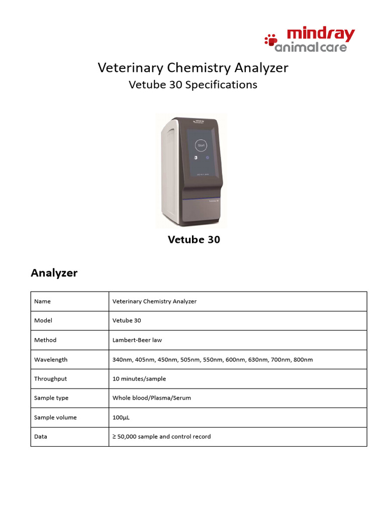 Veterinary Chemistry Analyzer Vetube 30 Specification | PDF
