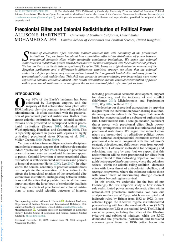 Precolonial Elites and Colonial Redistribution of Political Power | PDF ...