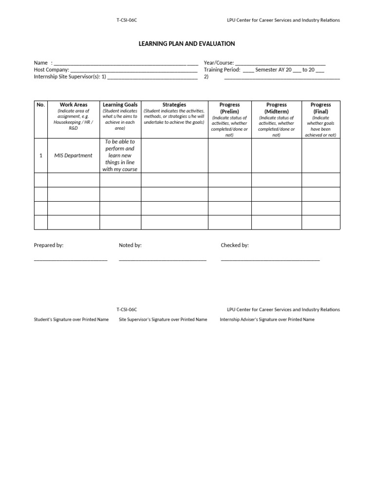 T CSI 06C Learning Plan and Evaluation (Mine) | PDF