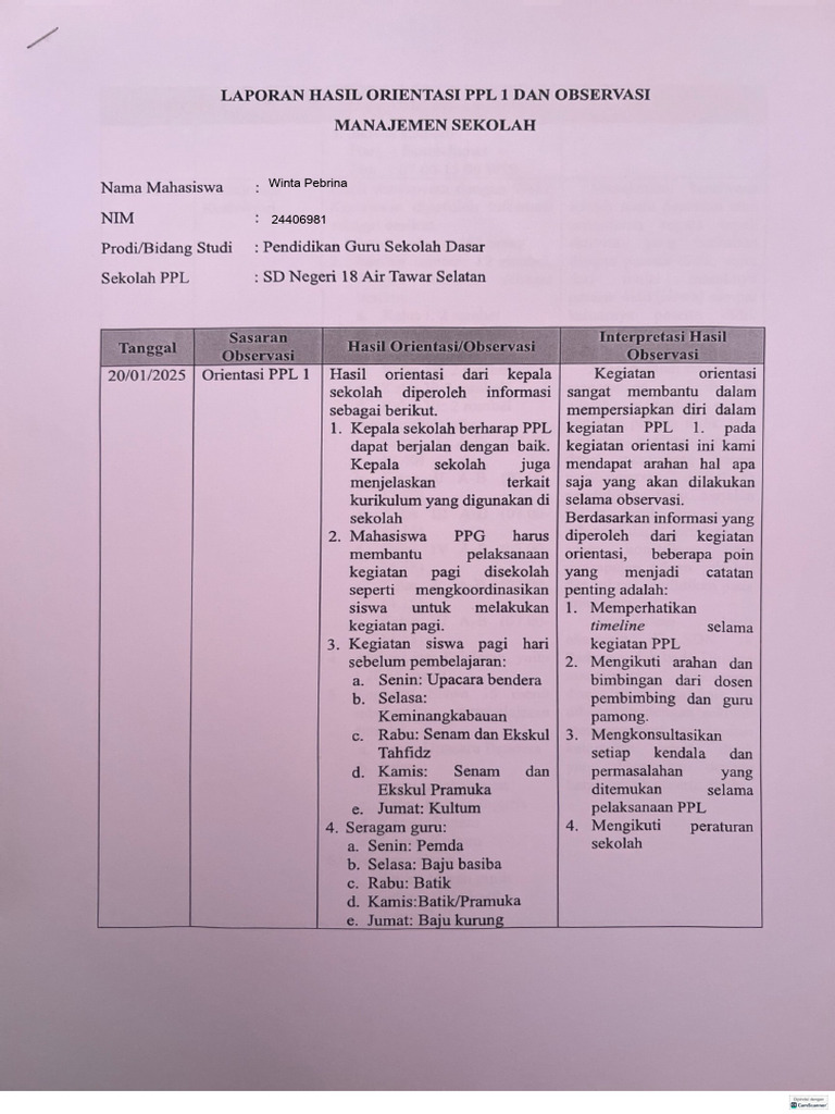 Lembar Orientasi PPL II | PDF