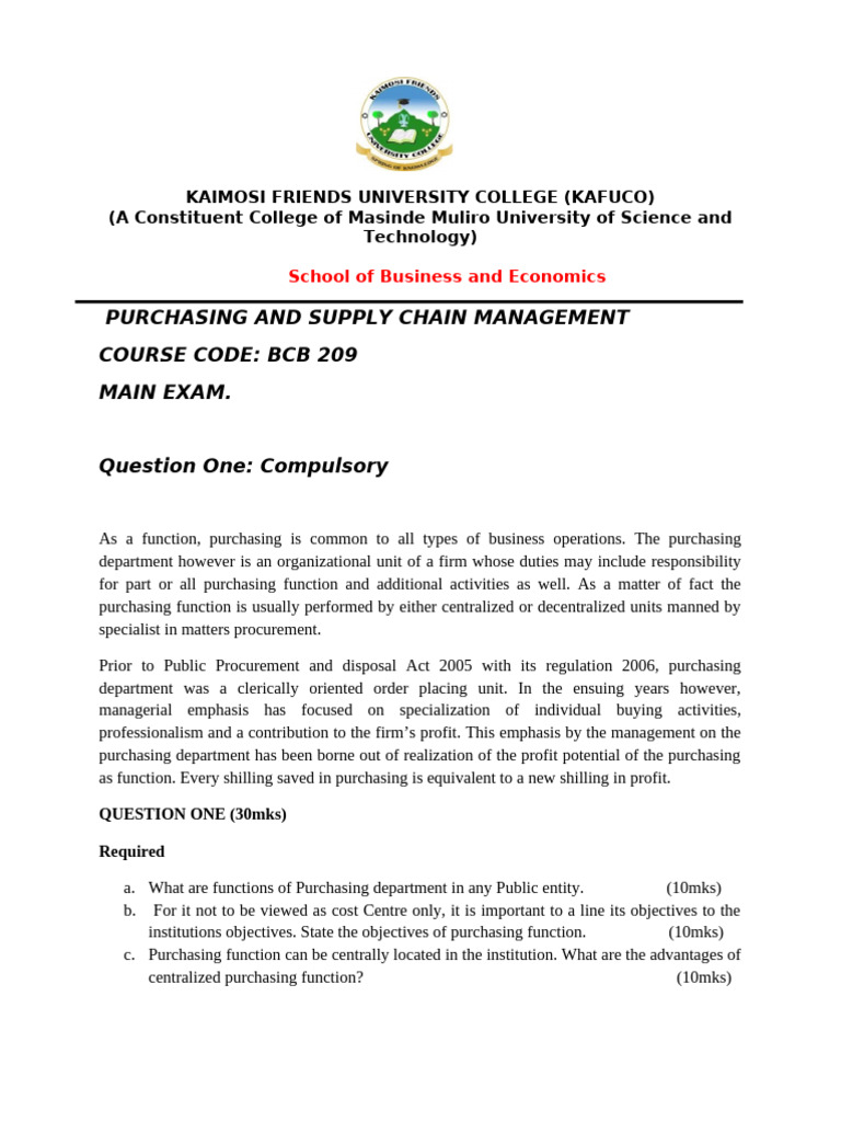 Purchasing and Supplies Management - Main Exam. - To Print | PDF ...