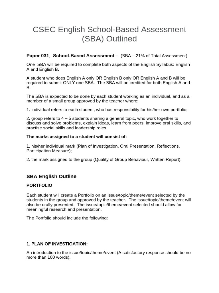 CSEC English SBA Guidelines | PDF | Cognition | Learning