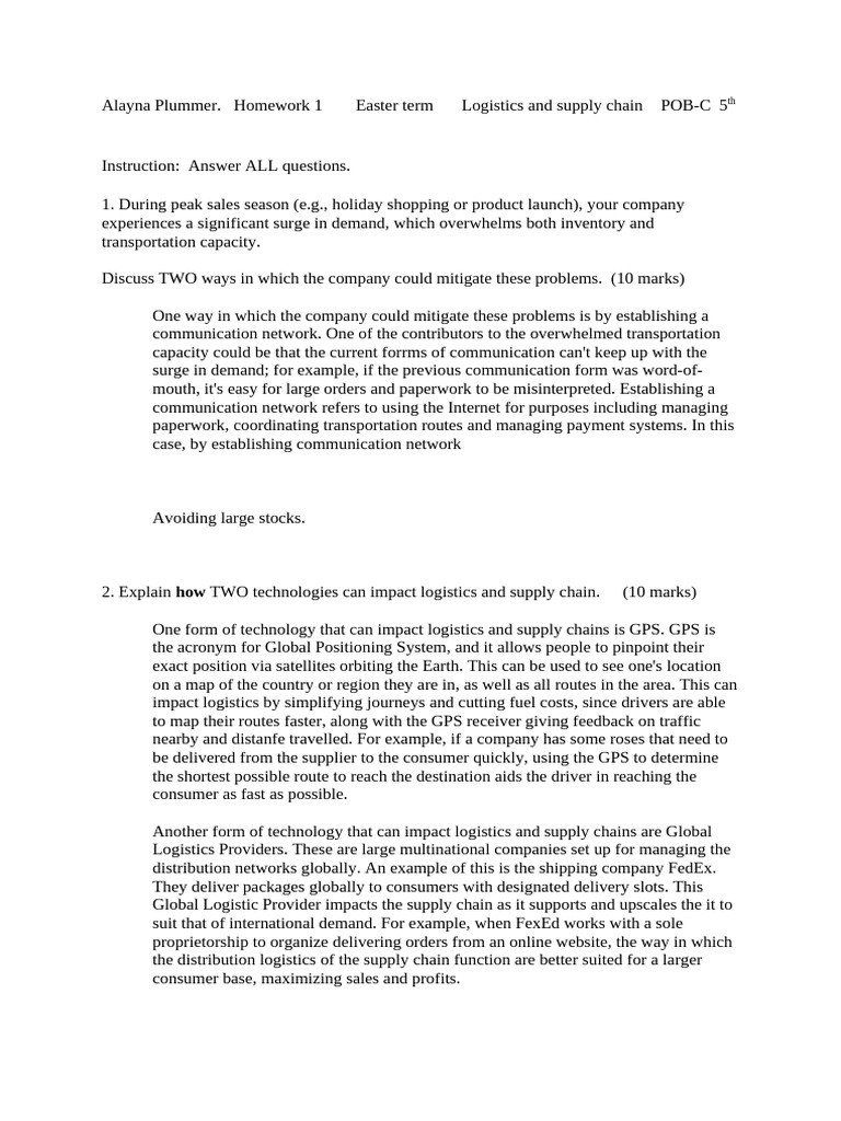 Homework 1 Easter Term Logistics and Supply Chain POB 5th | PDF ...