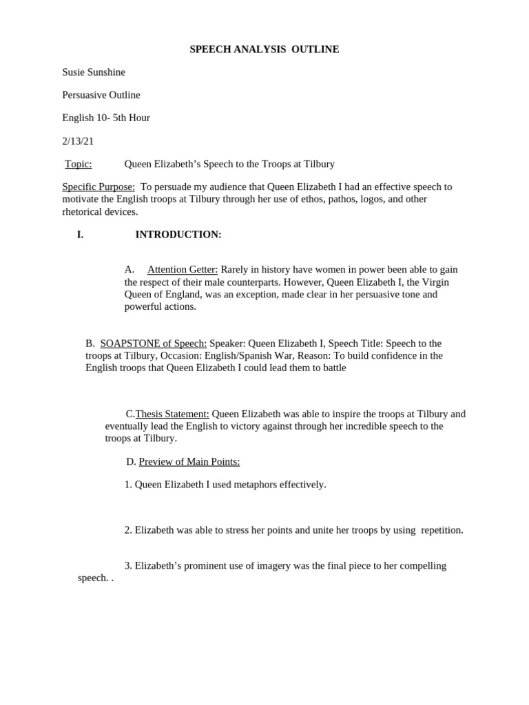 Tilbury Speech: Rhetorical Analysis | PDF