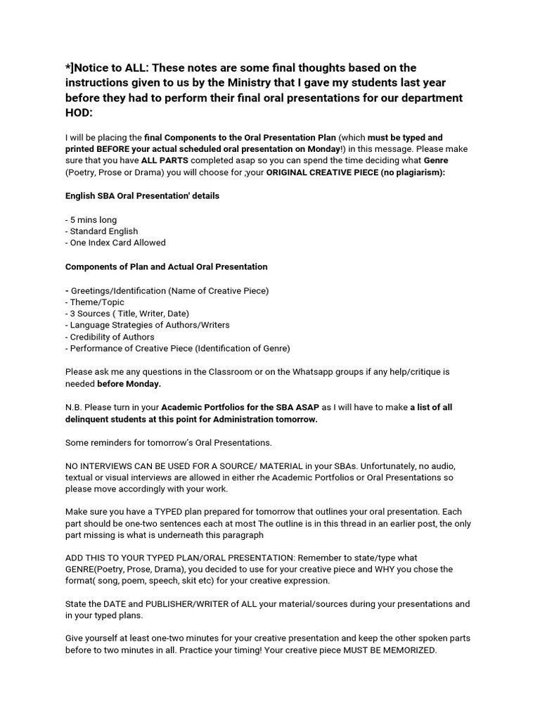 CSEC English A - Oral Presentation Notes Part 2 | PDF | Poetry | Writing