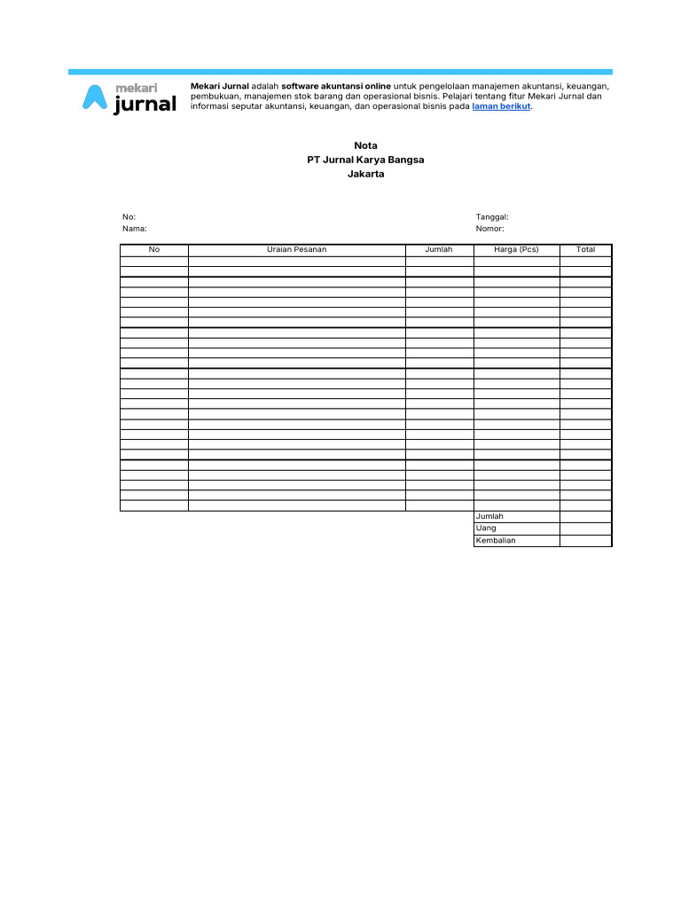 Template Nota Jurnal Mekari | PDF