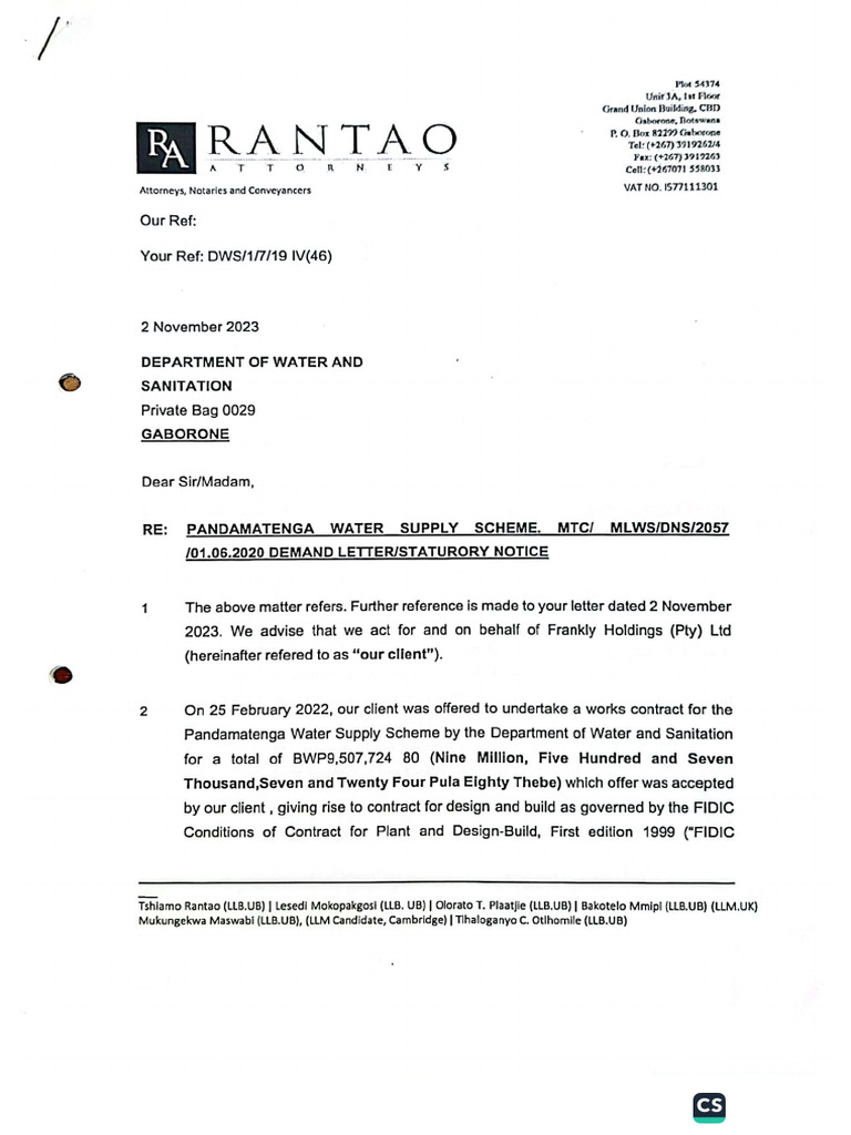 Demand Letter Statutory Notice Rantao Attorneys Moagisi Mmipi | PDF