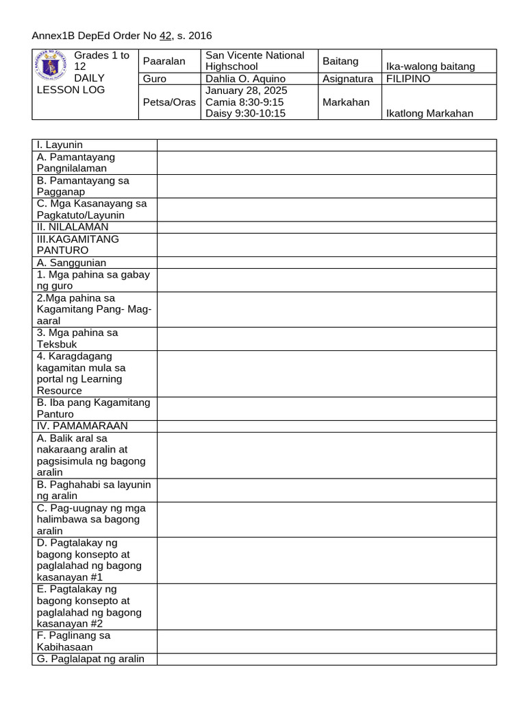 DLP Template Fil. Annex1B DepEd Order No.42.s.2016 Copy (1) | PDF