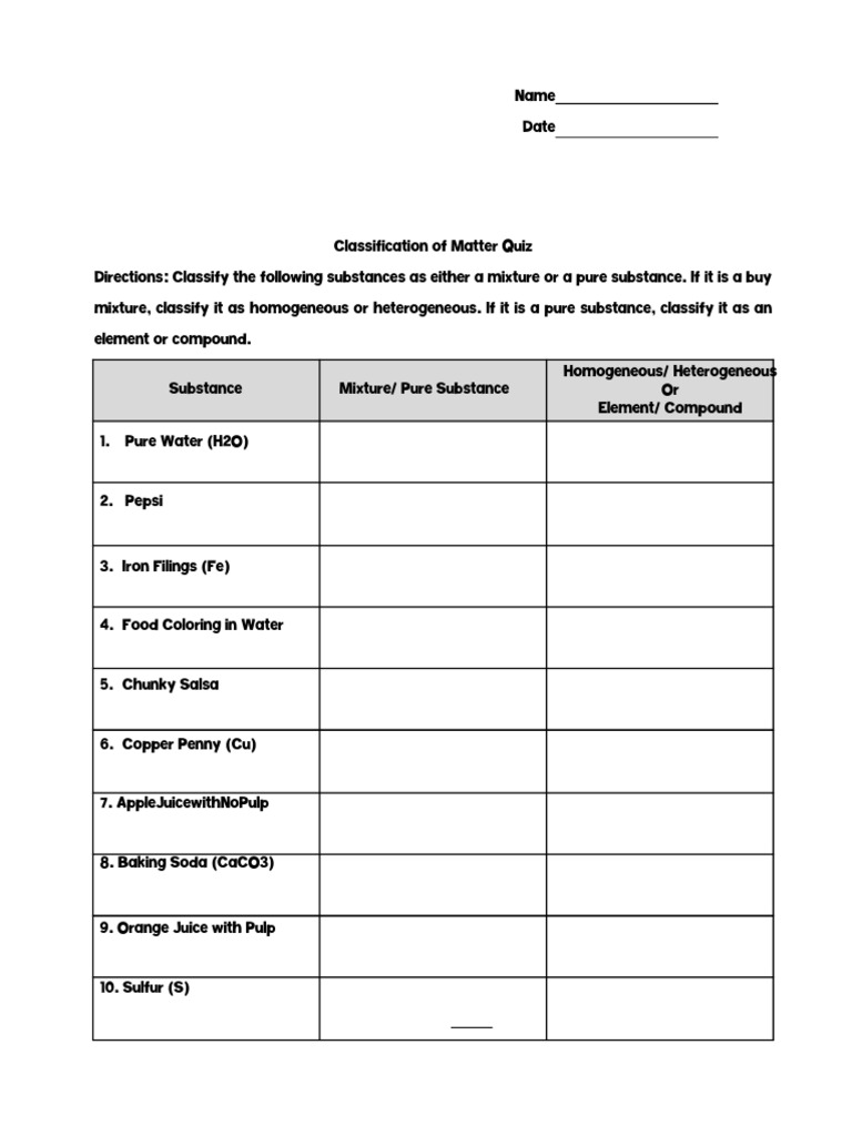 ClassificationofMatterWorksheet 1 | PDF