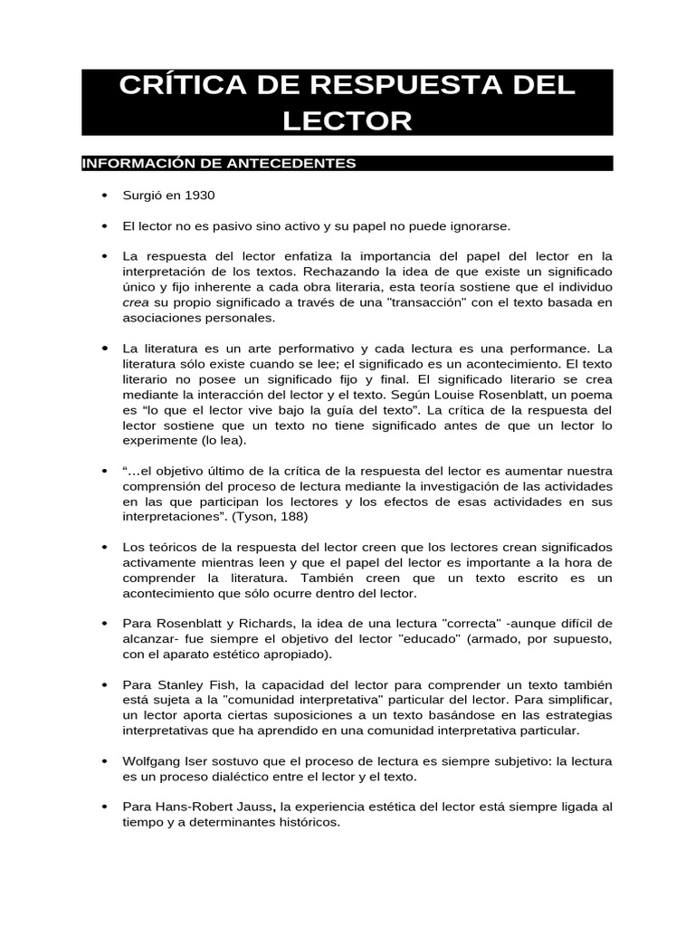 Recepción y Crítica de Respuesta Del Lector | PDF | Experiencia | Autor