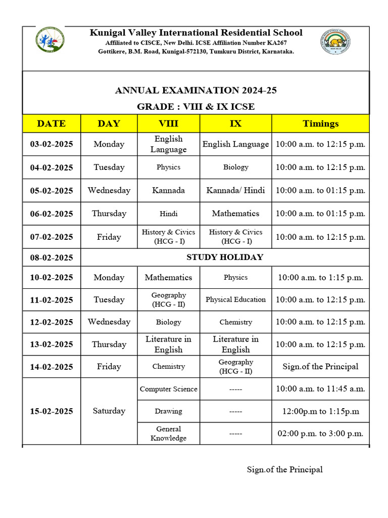 8 & 9 Icse Final Exam Time Table | PDF