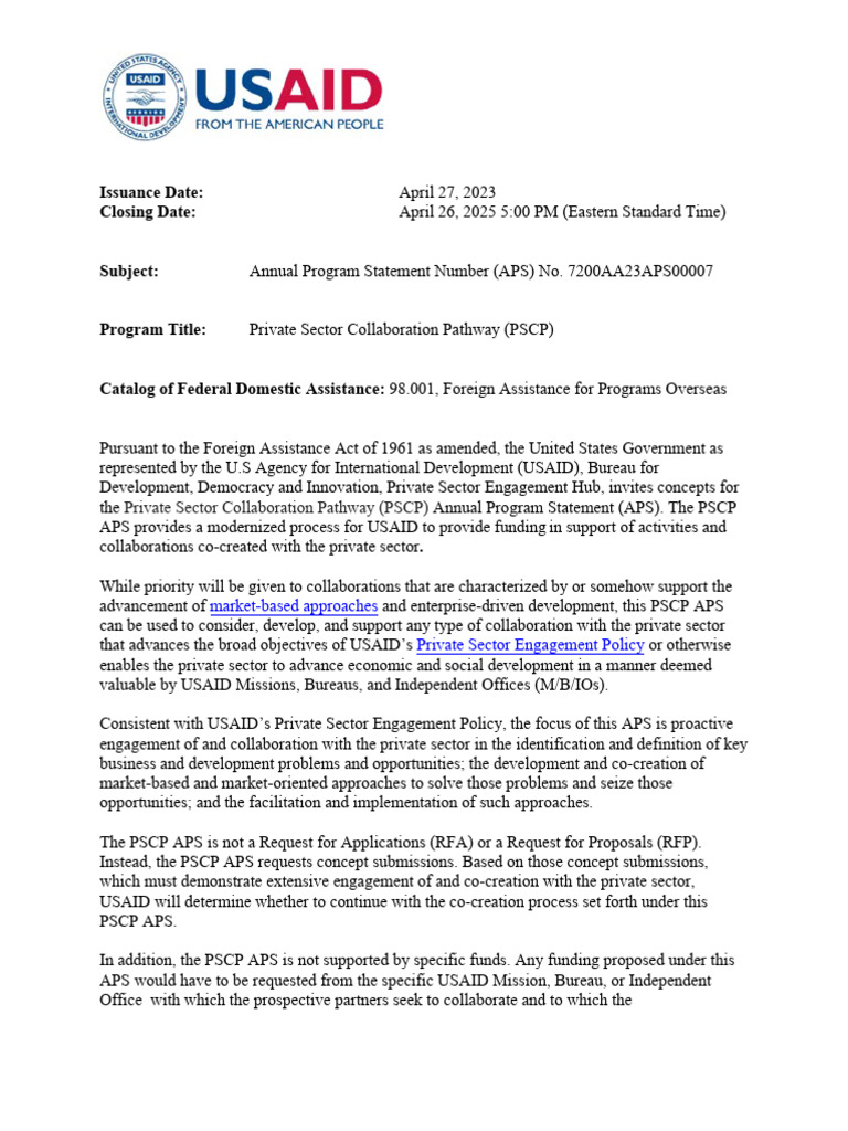 Private Sector Collaboration Pathway (PSCP) Annual Program Statement ...