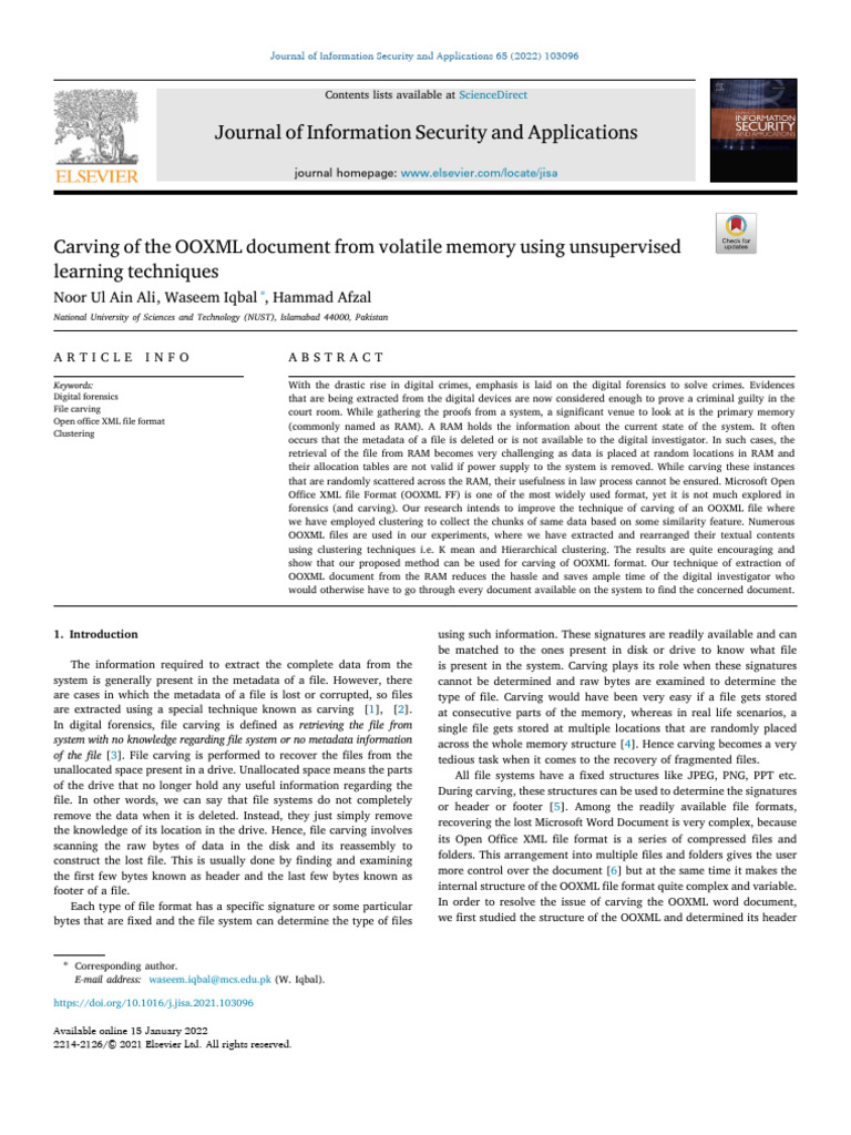 Carving of the OOXML document from volatile memory using unsupervised ...