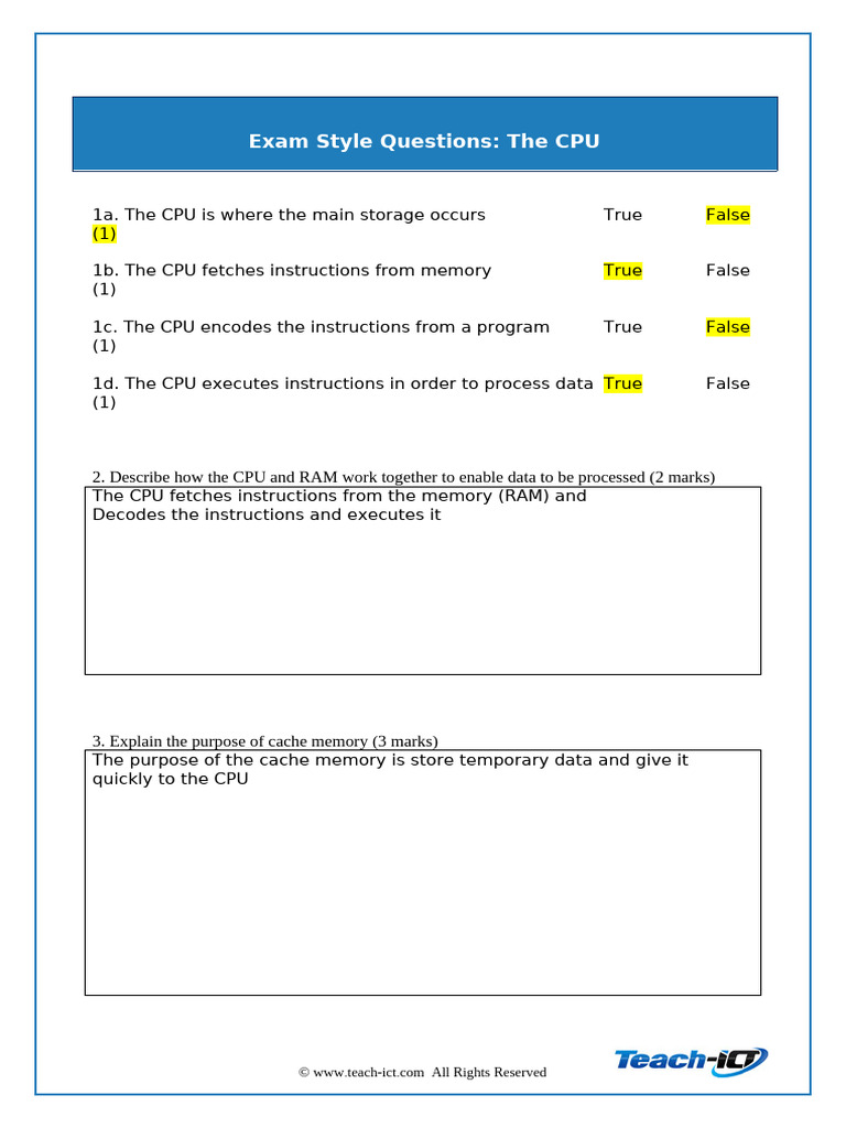 The CPU - Practice Questions | PDF