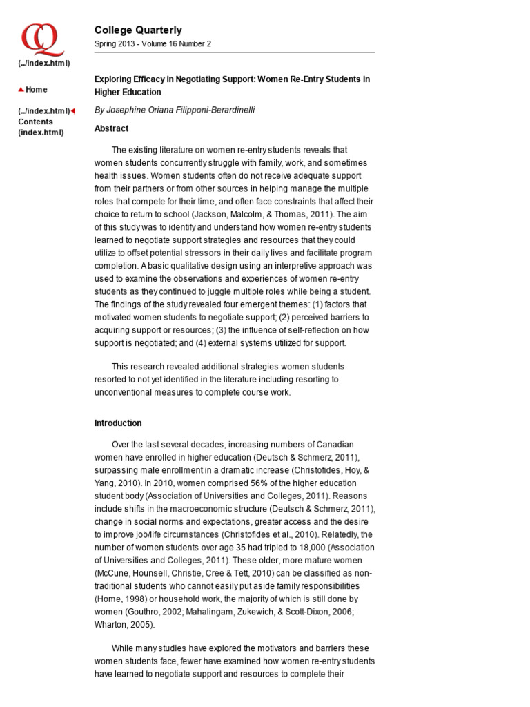 Women Re-Entry Students' Support Strategies | PDF | Methodology | Focus ...