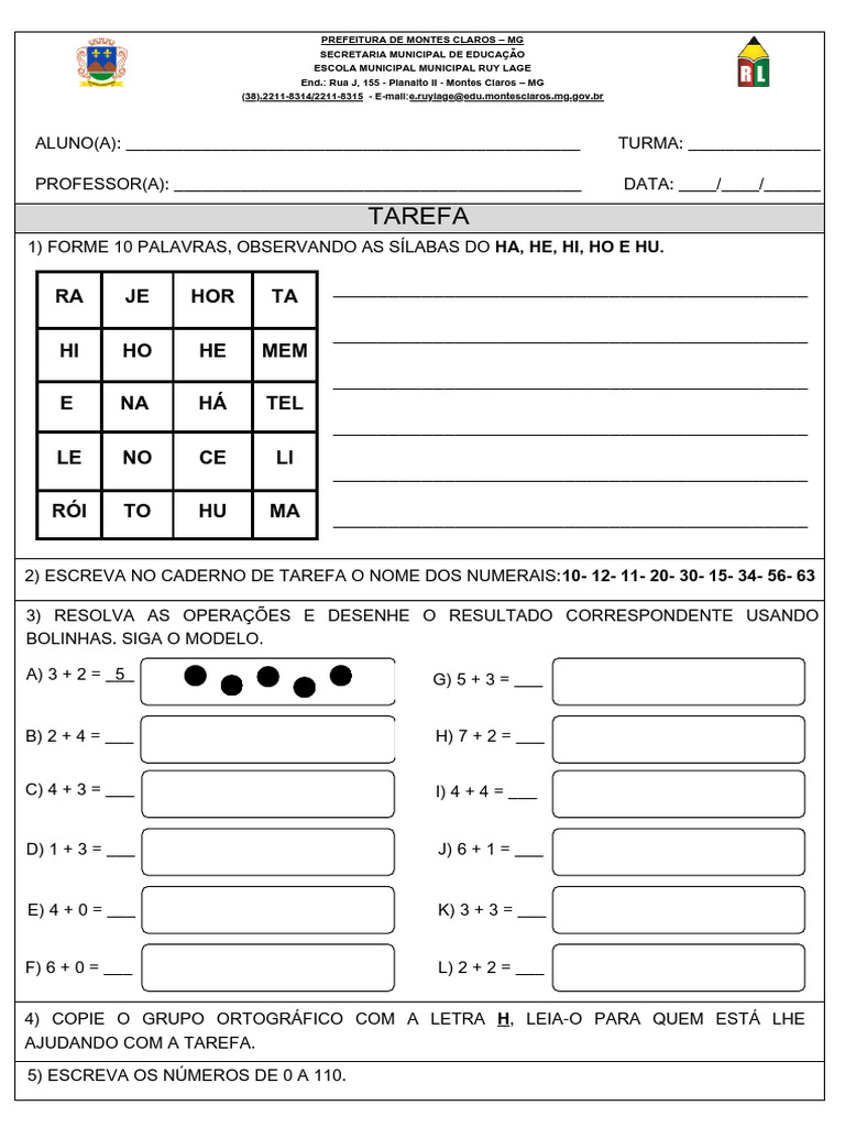 Tarefa Escolar - 1º ano | PDF