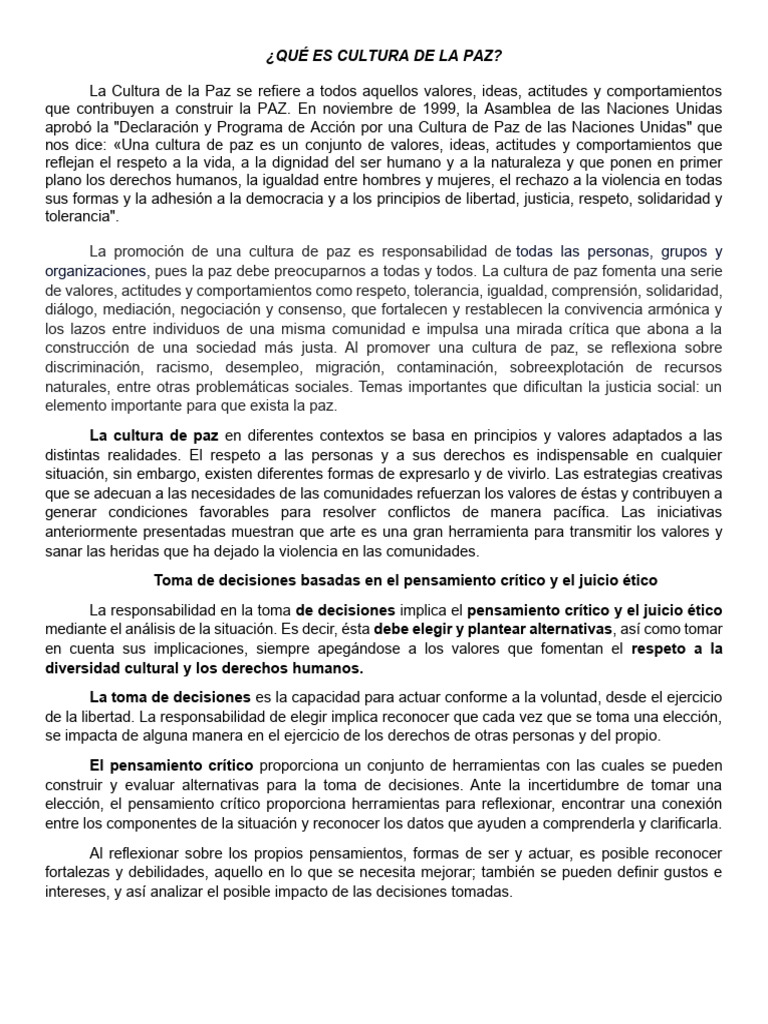 Qué Es Cultura De La Paz Pdf Toma De Decisiones Paz