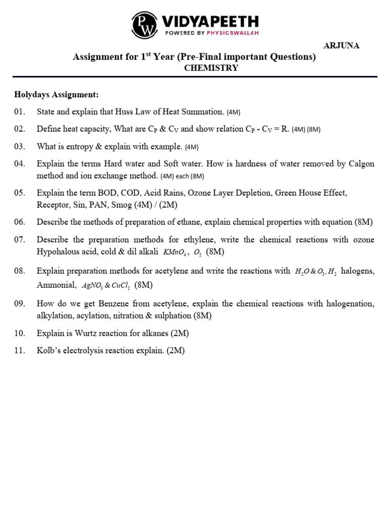 IPE - Chemistry Important Question - Holiday Assignment | PDF