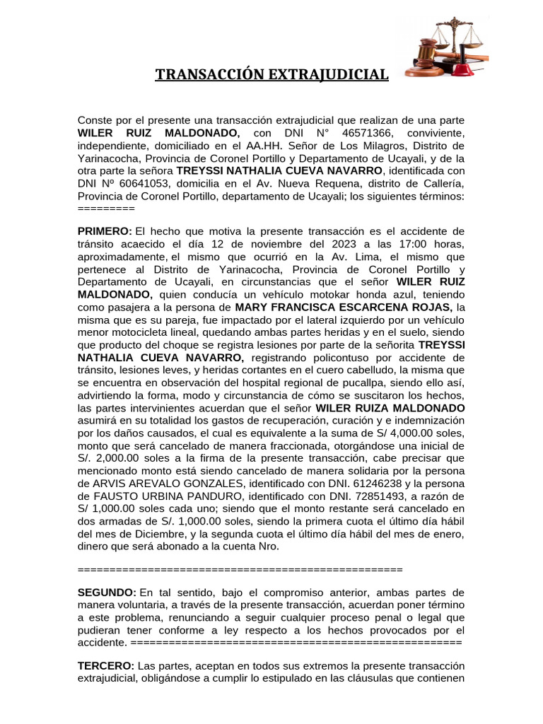 Transacción Extrajudicial - Treyssi | PDF
