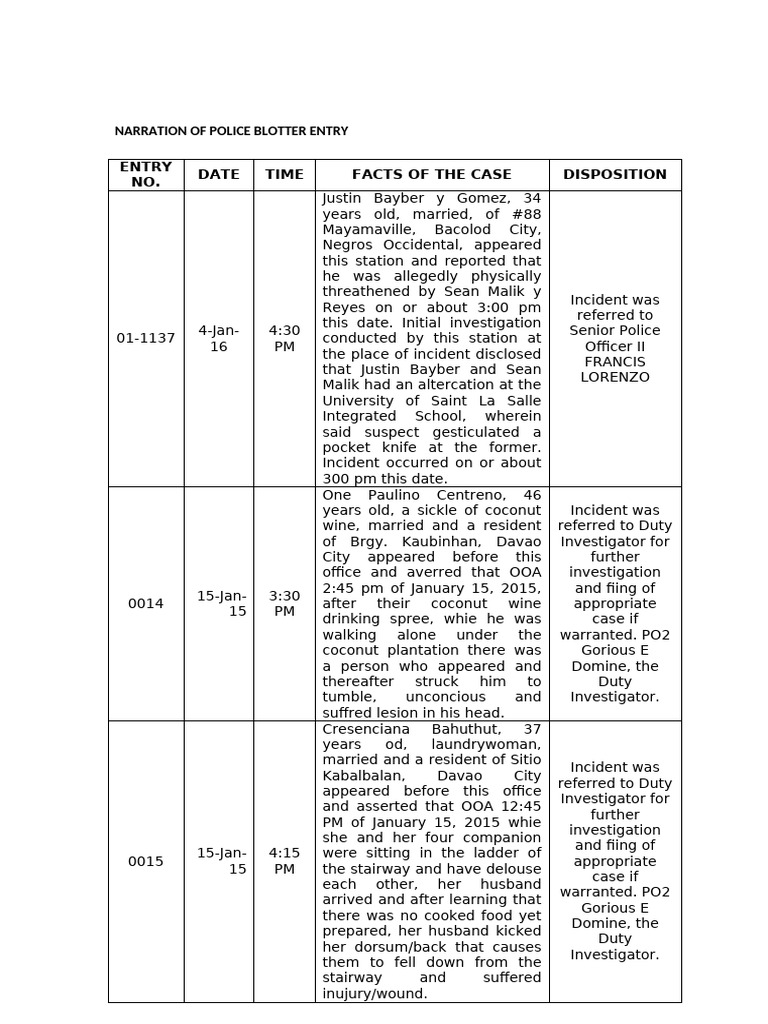 Narration of Police Blotter Entry | PDF
