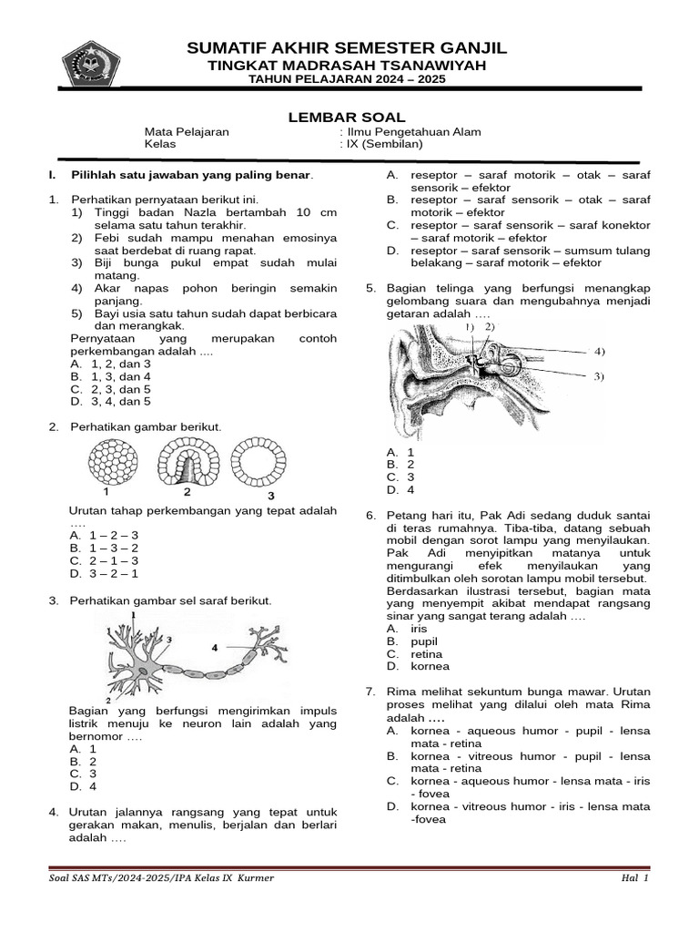Soal Sas Ganjil Ipa Kelas 9 Kurmer Tapel 2024-2025 | PDF