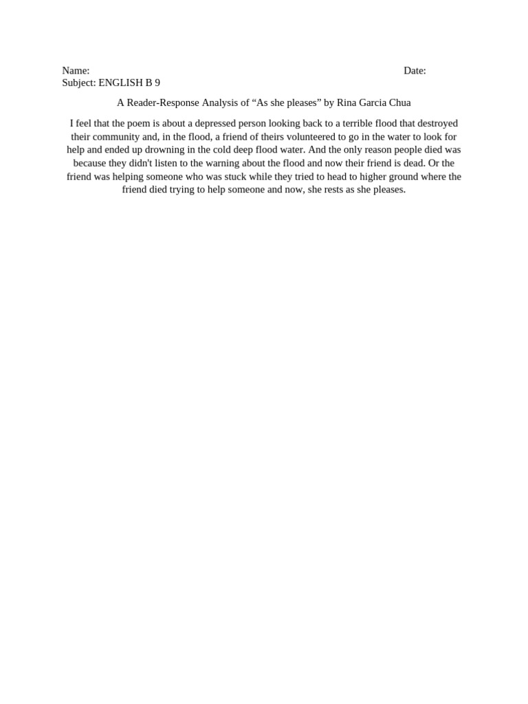 Reader-Response: "As She Pleases" Analysis | PDF