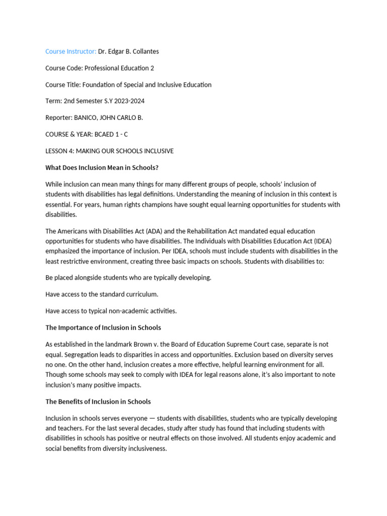 Handout Lesson 4 | PDF | Inclusion (Education) | Education Theory