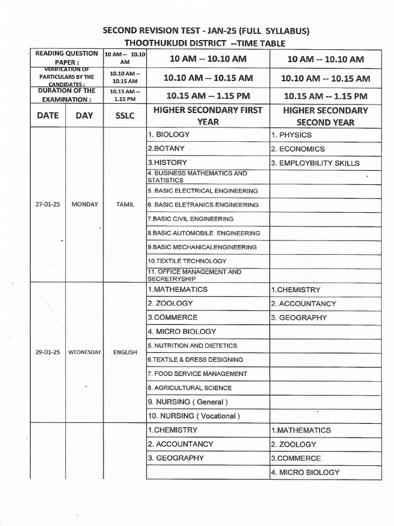 Second Revision Test Time Table | PDF
