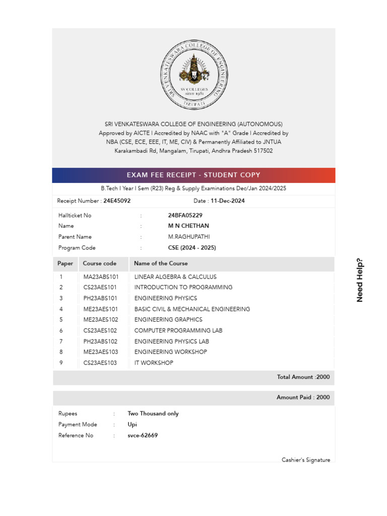 B.Tech Exam Fee Receipt - SVCE 2024 | PDF