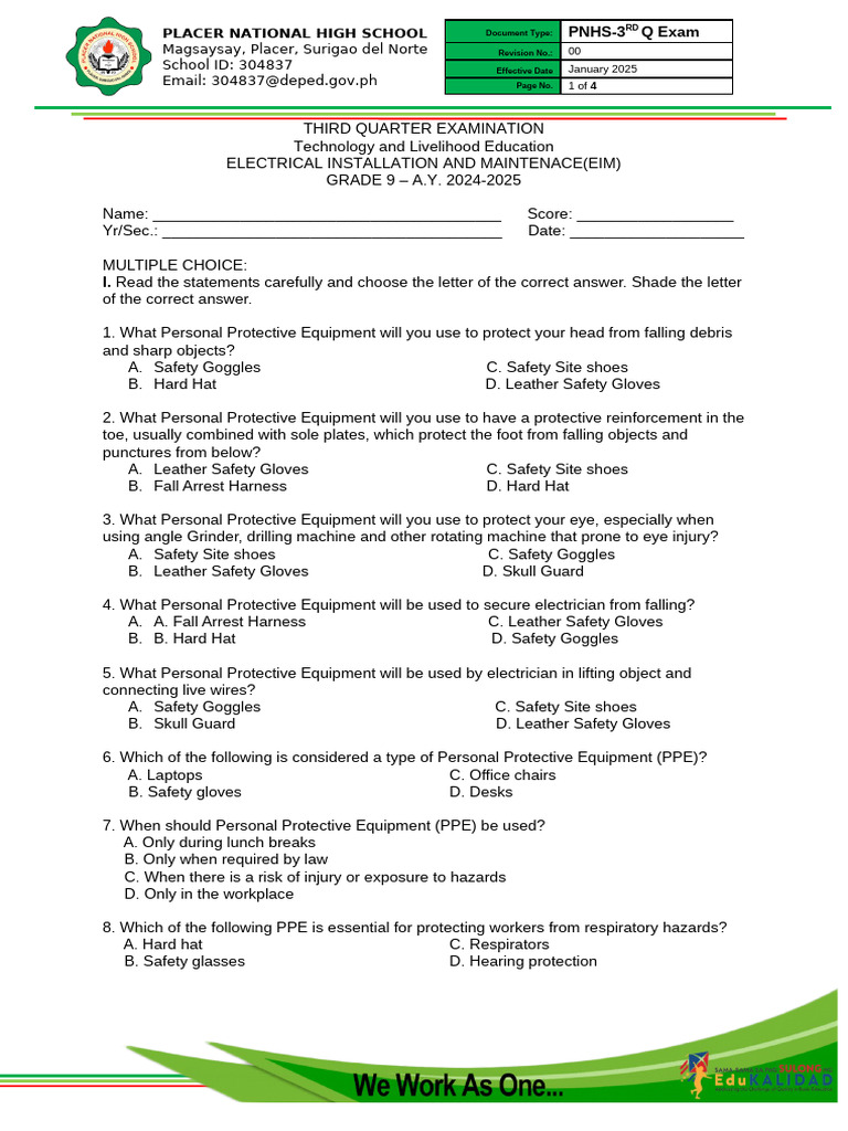 Quarter 3 exam EIM-10 | PDF | Personal Protective Equipment | Electricity