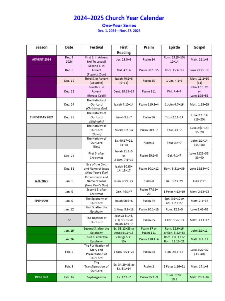 LCMS 2024 2025 Church Year Calendar One Year Series | PDF | Nativity Of ...