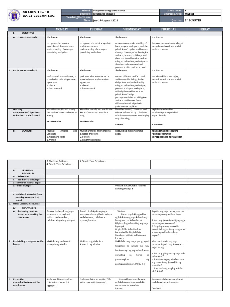 DLL_MAPEH 5_Q1_W1 | PDF