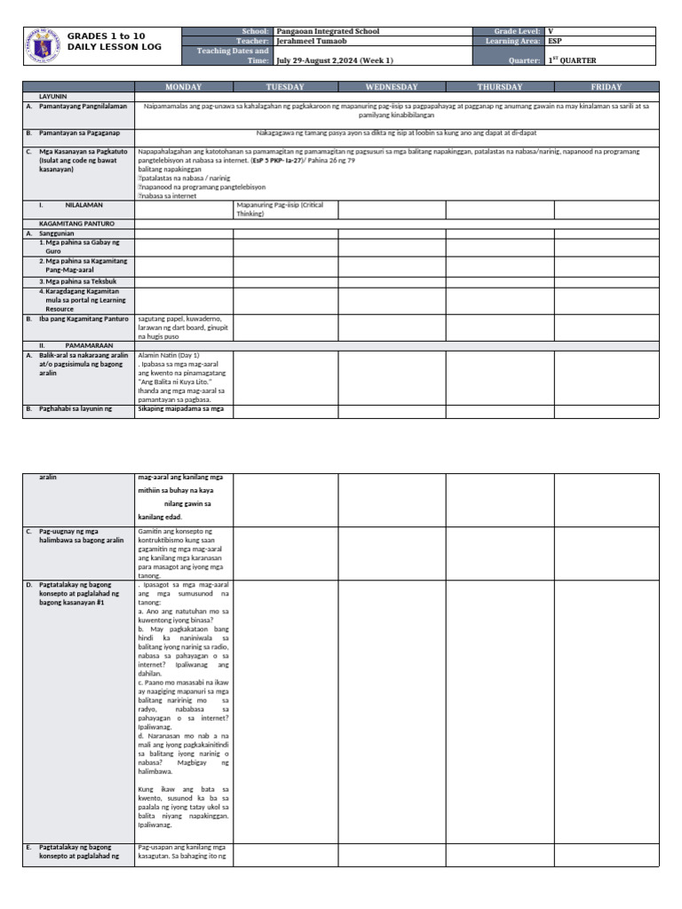 DLL - Esp 5 - Q1 - W1 | PDF