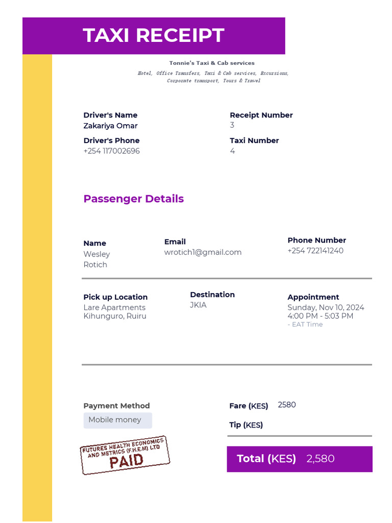 Taxi Receipt for Wesley Rotich | PDF