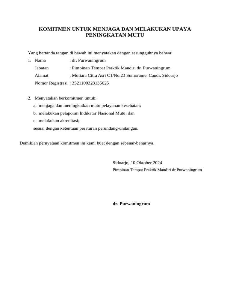 Surat Komitmen Menjaga Pelayanan Mutu | PDF