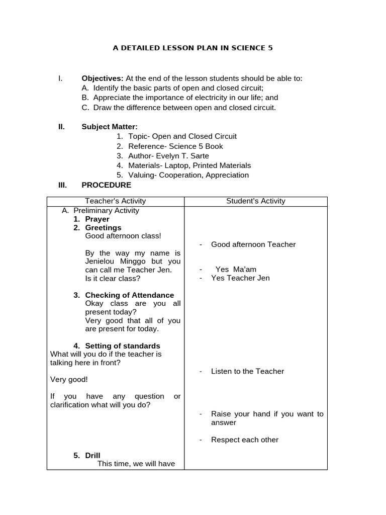 A Detailed Lesson Plan in Science 5 | PDF | Electrical Conductor ...