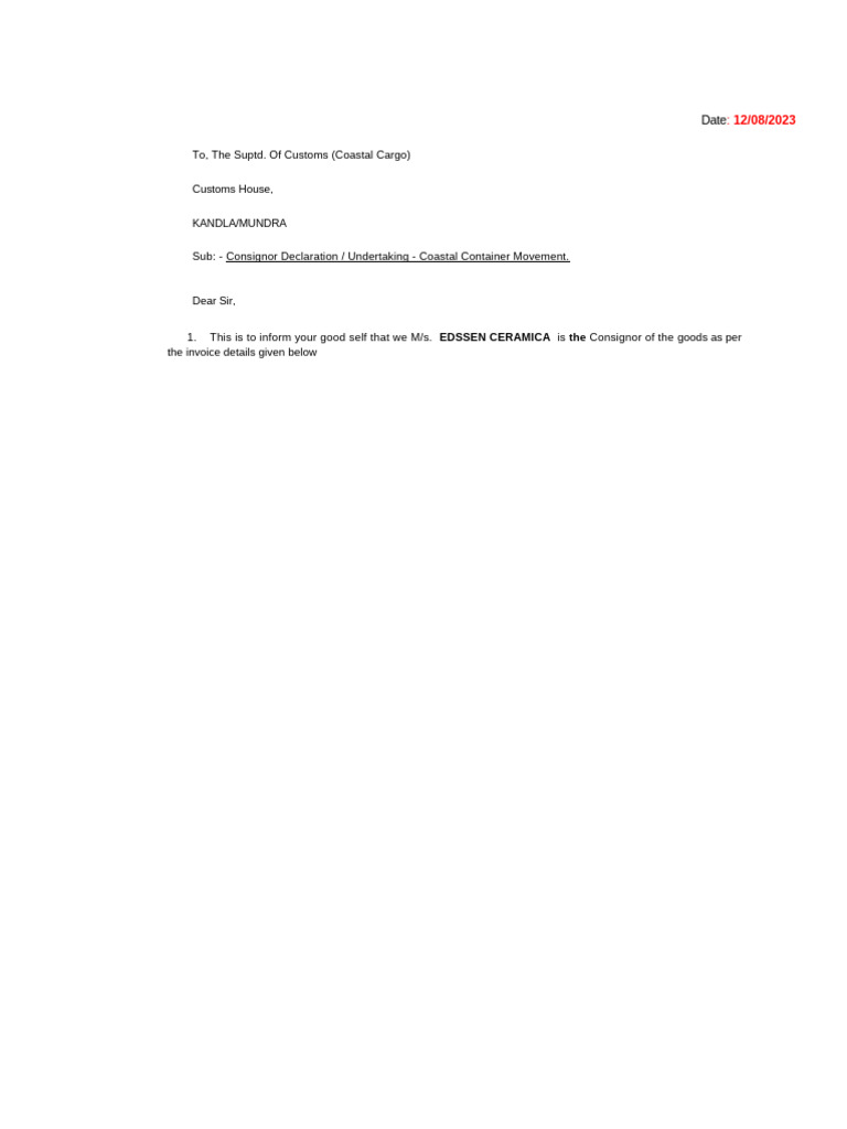 Consignor Declaration for Coastal Cargo | PDF