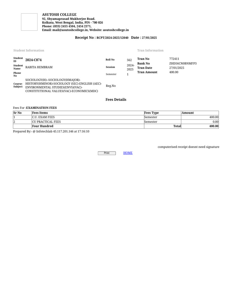 Asutosh College Examination Receipt | PDF