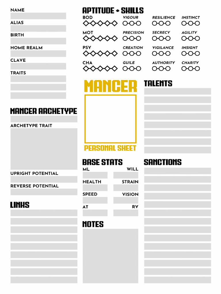 MANCER Beta Character Sheet - Fillable | PDF