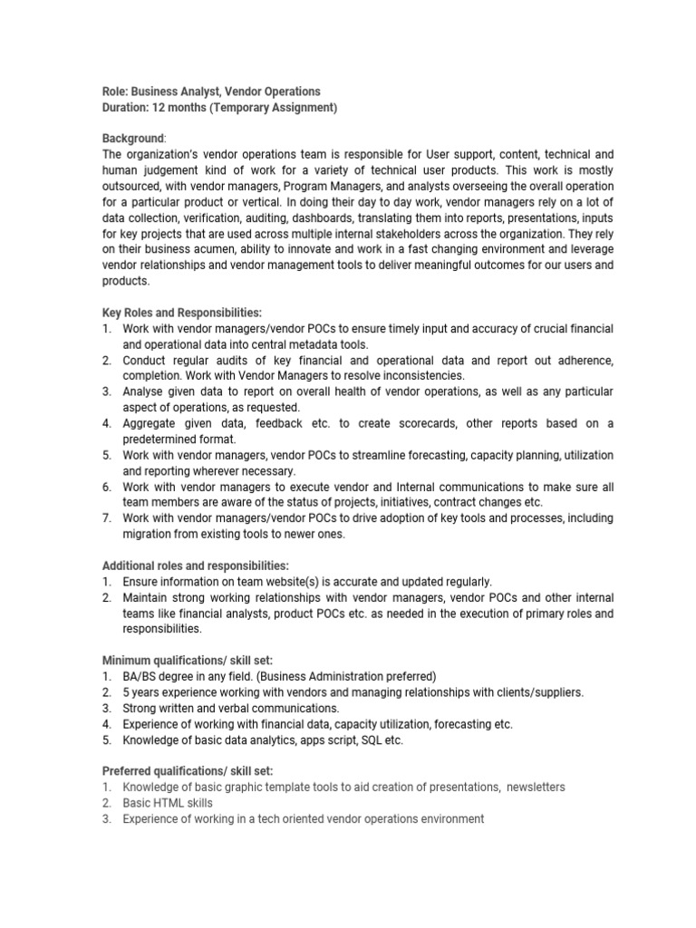 JD For Business Analyst Temp | PDF | Data Analysis | Computing