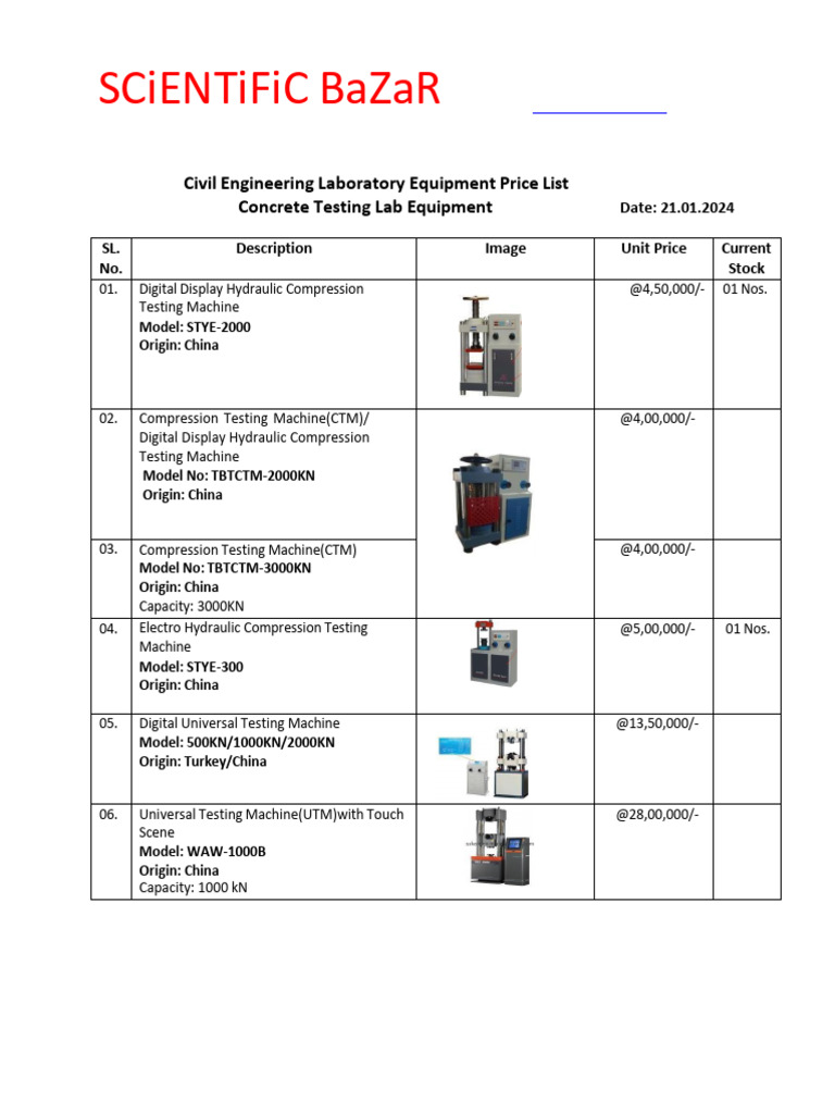Concrete Lab Equipment Price List New | PDF | Drill | Metalworking