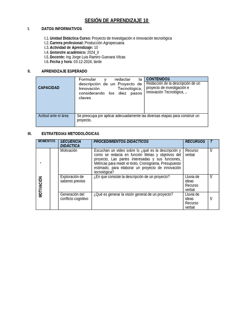 Sesiòn de Aprendizaje SST - 10 - Proyecto - Innov. Tec | PDF | Aprendizaje | Cognición