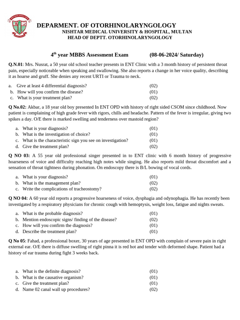 SEQs 1st Assessmnet 2024 | PDF | Otorhinolaryngology | Medical Diagnosis